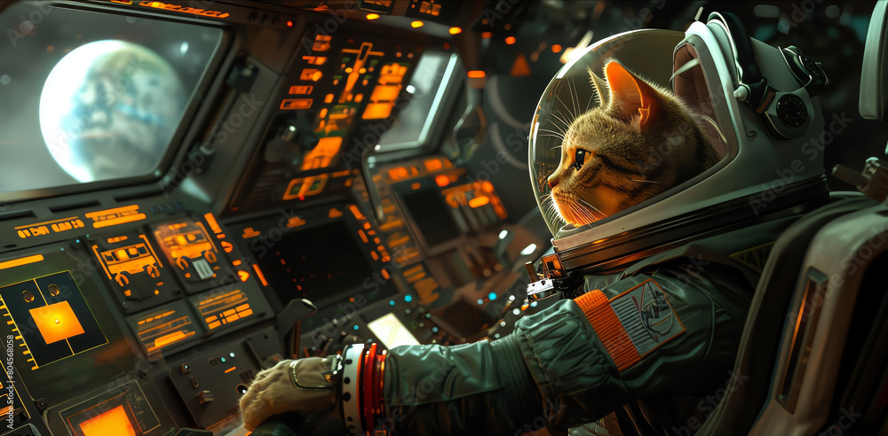 A brave cat astronaut sits in the cockpit of a spaceship, staring out ...