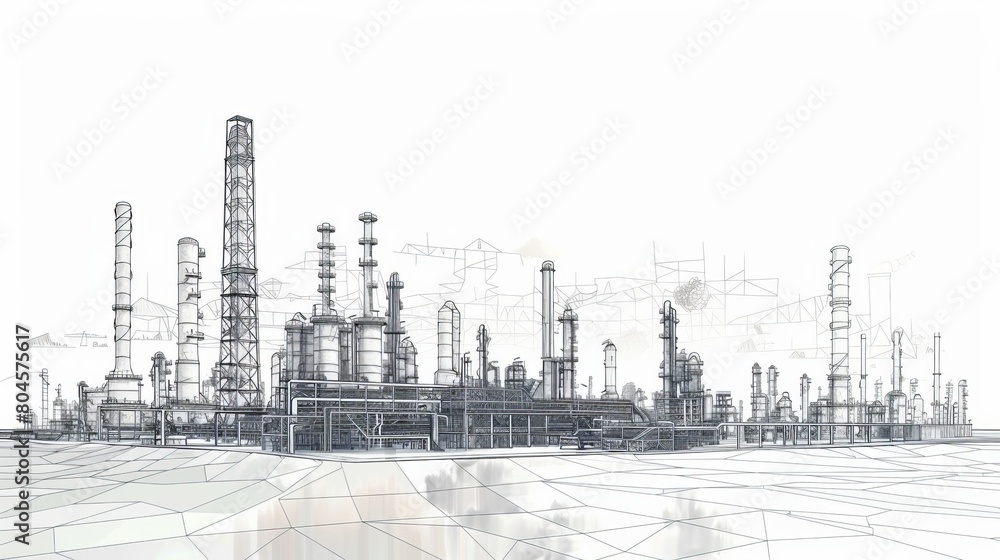 Line drawing depicting an industrial landscape featuring an oil ...