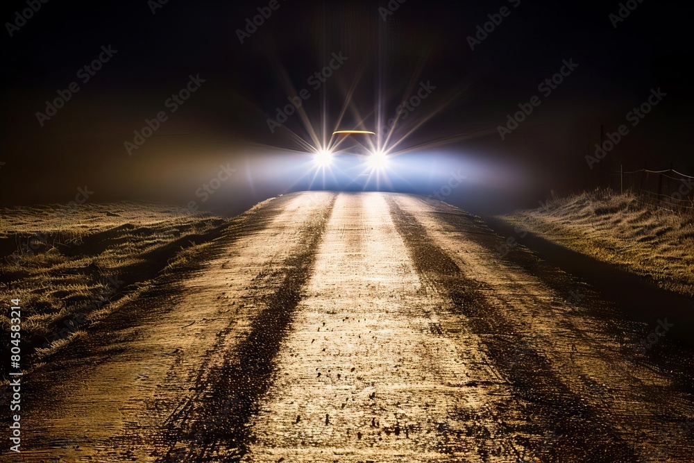 mysterious car driving on empty road at night illuminated by headlights ...