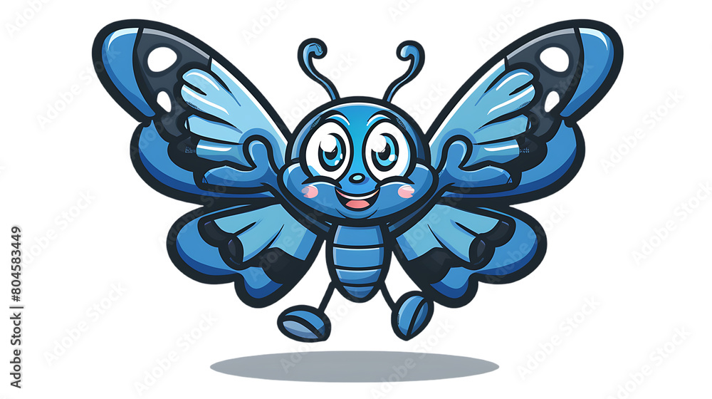 A cute blue butterfly with black outline, smiling and flying in the air ...