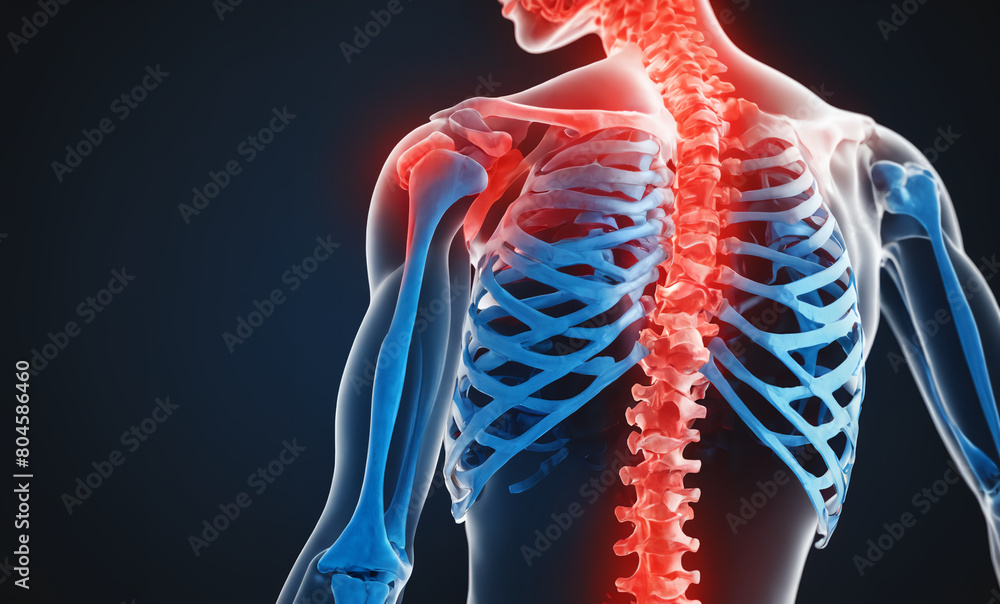 A digital rendering of the upper human body with bones highlighted in ...