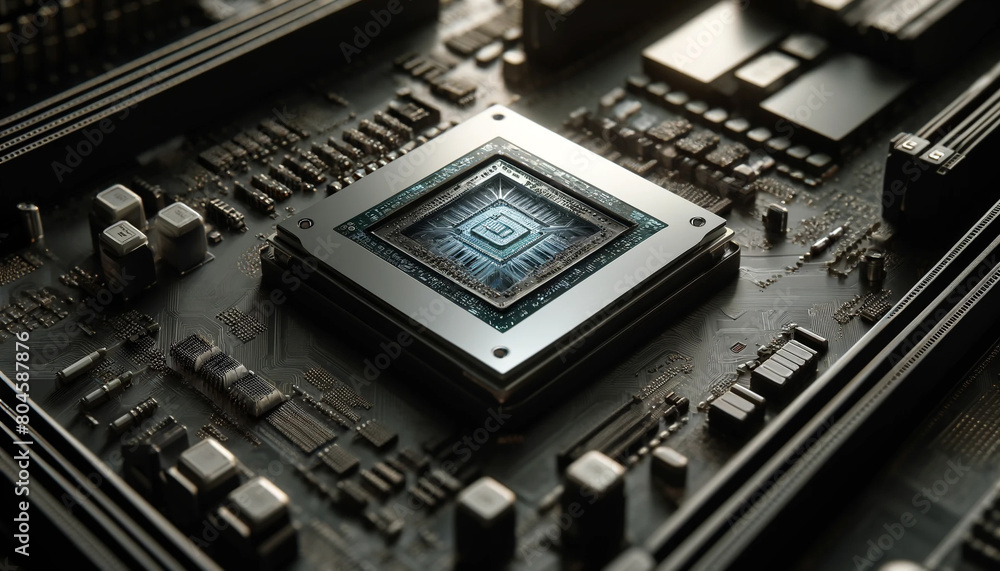 Intense close-up image of an advanced artificial intelligence processor ...