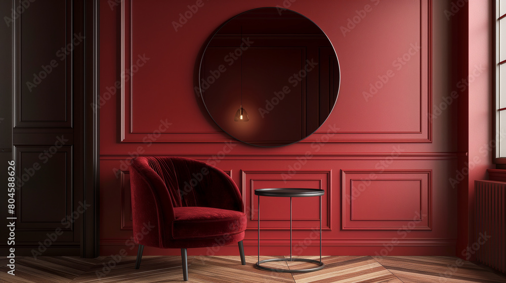 Dark red classic wall, parquet floor, round mirror hanging in the ...