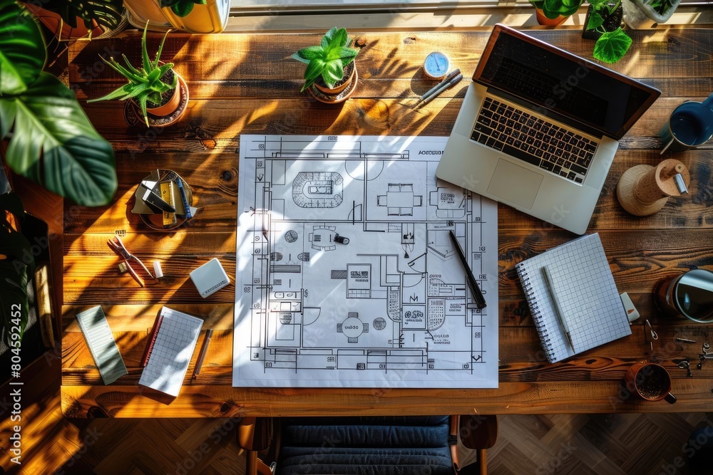 Overhead shot of an open architectural blueprint on a desk, surrounded ...
