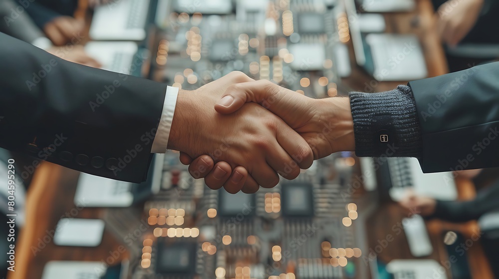 Depict from above a momentous tech merger handshake, with executives ...