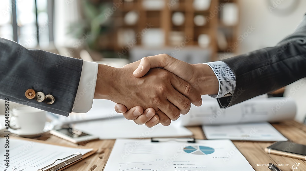 Show a detailed top view of a real estate contract signing, with agents ...