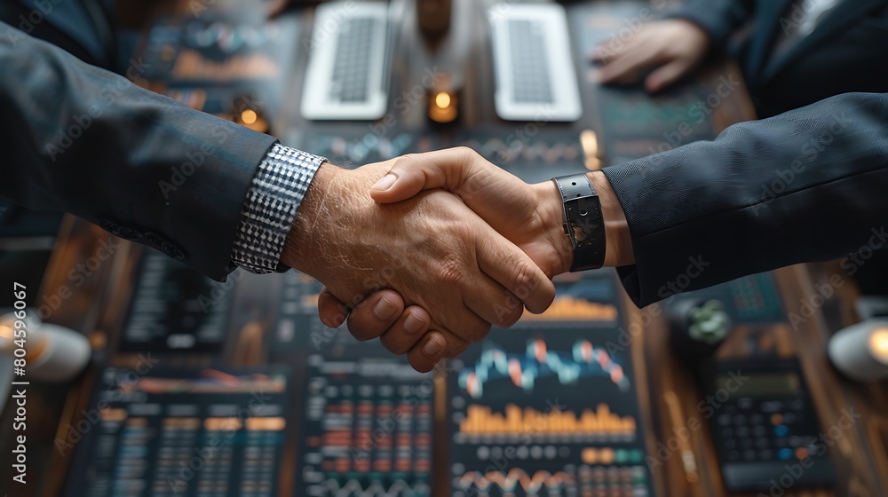 Show a significant technology merger scene from above, where executives ...