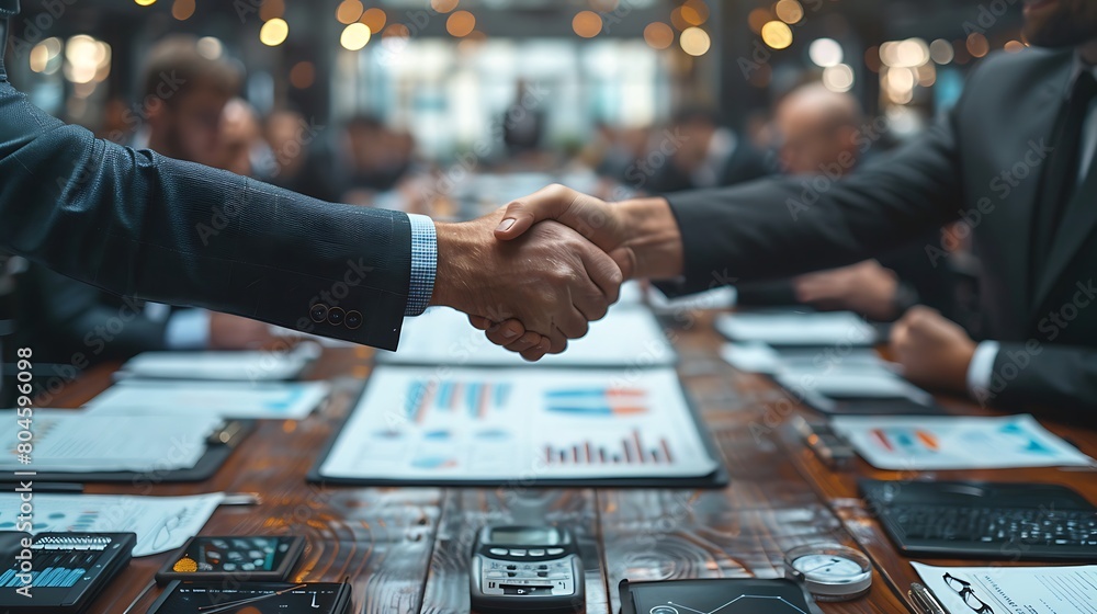 Show a significant technology merger scene from above, where executives ...