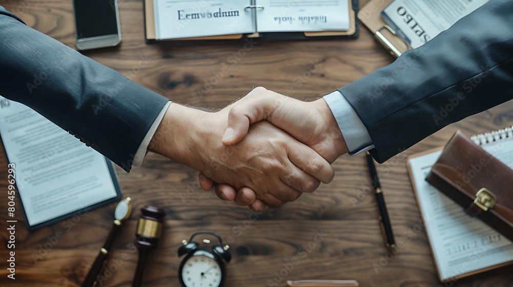 Visualize a top view close-up of hands shaking over a legal contract ...