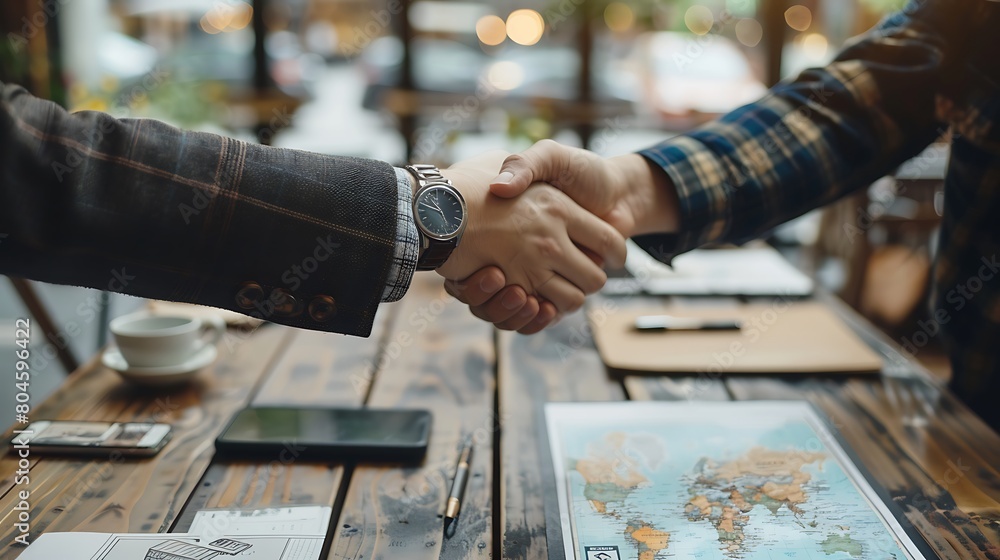 Visualize a top view close-up of retail business owners shaking hands ...