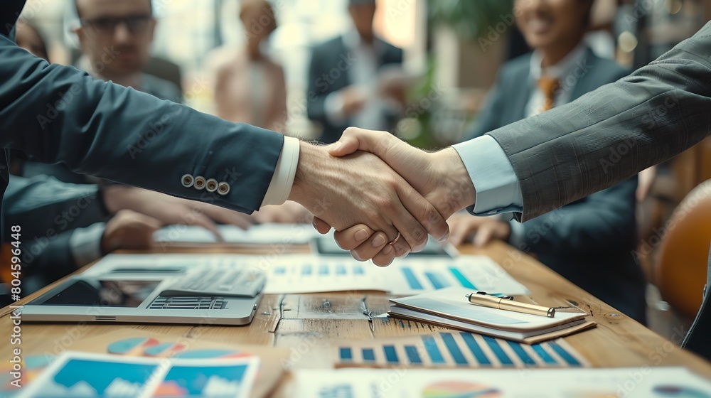 Visualize a top view close-up of sports agents and athletes shaking ...