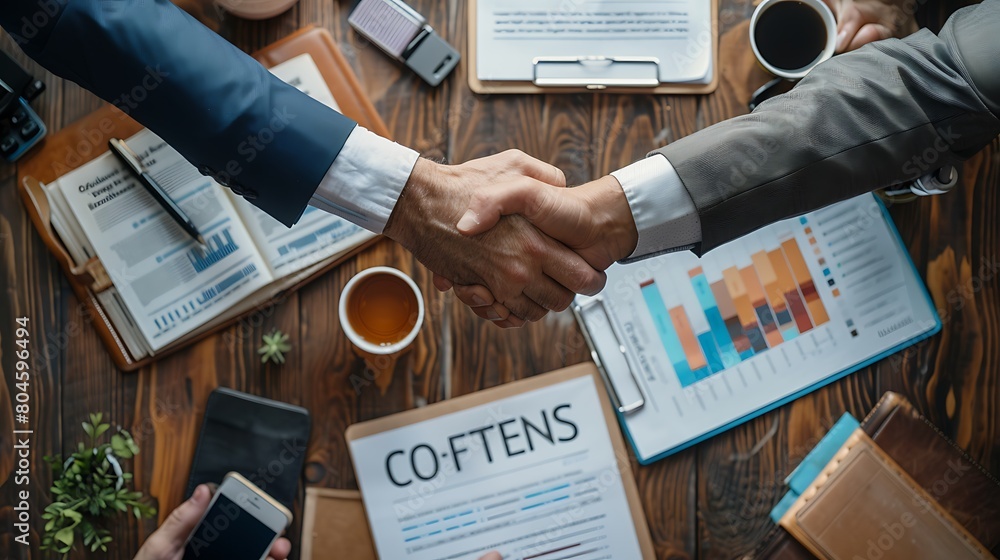 Visualize a top view close-up of sports agents and athletes shaking ...