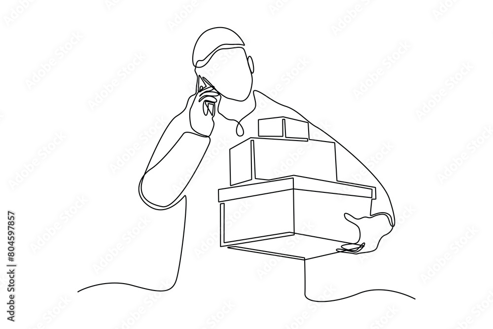 One line drawing of The courier calls the recipient of the package ...