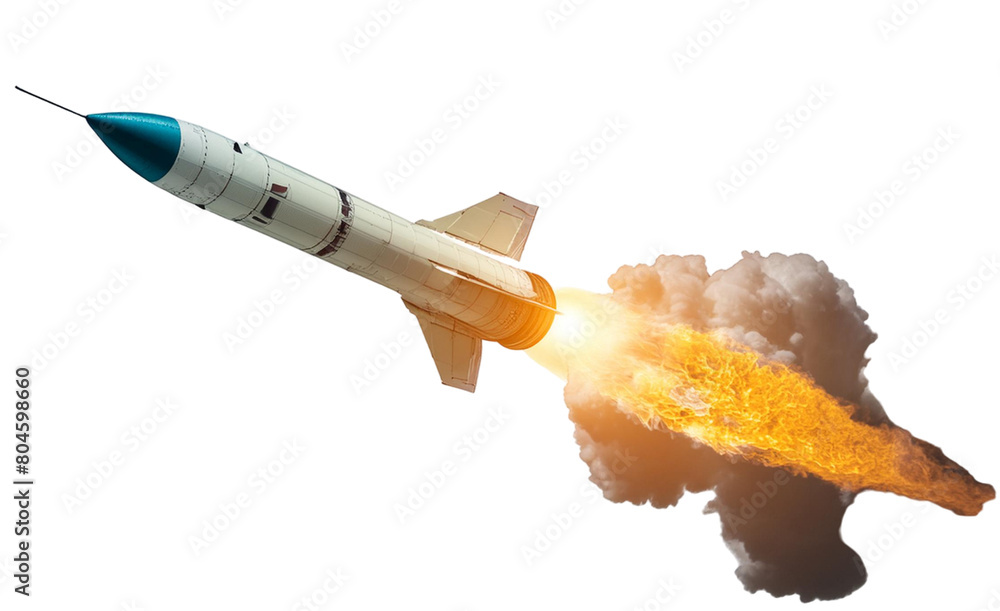 Nuclear rocket fire and smoke tail isolated on a transparent background ...