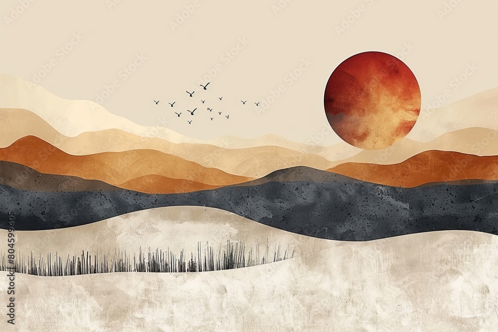 Abstract desert landscape in Desert Sand, Burnished Brown, Old Burgundy ...