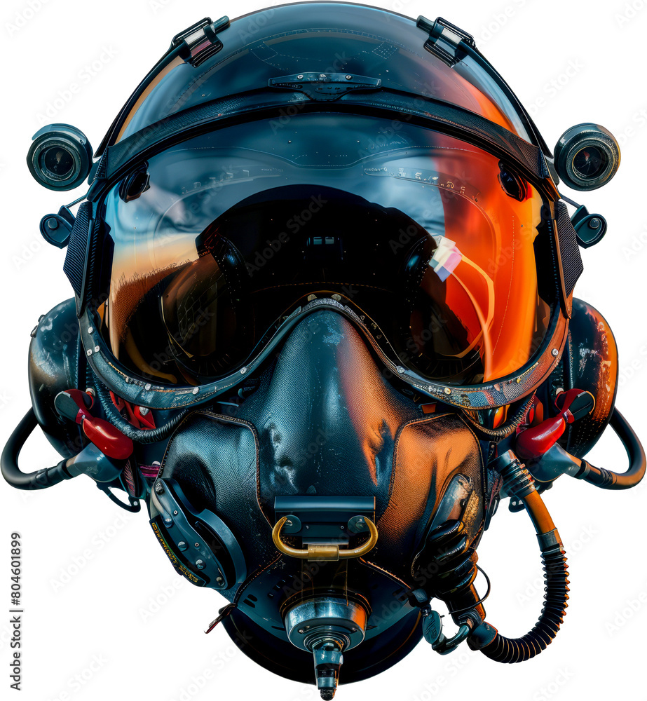 Fighter pilot helmet with orange visor reflection cut out on ...
