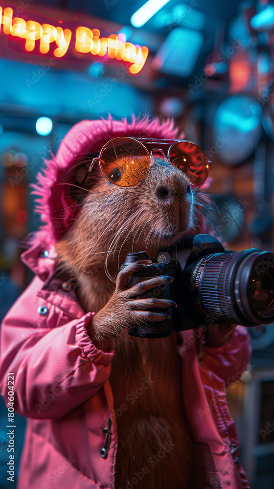 Fashionable capybara at the night neon party.. Capybara photographer at ...