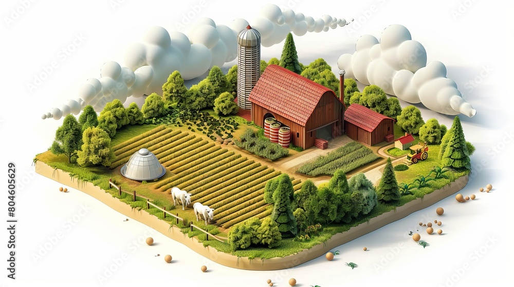 An isolated farm with crops on a cutaway piece of land is depicted, set ...