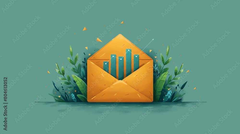Clean design of an email envelope opening to reveal a rising graph ...