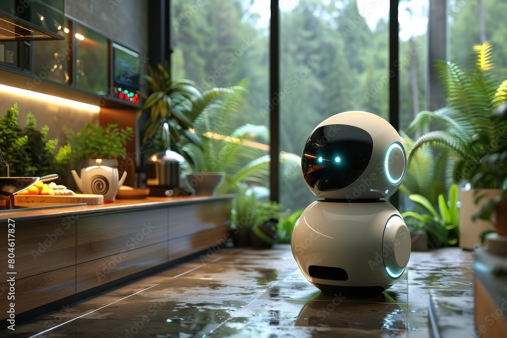An autonomous home assistant robot is seen in a lush green kitchen ...