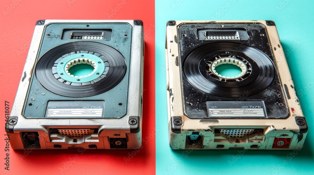 Cassette with its tape creating shapes on a bold dual-tone surface ...