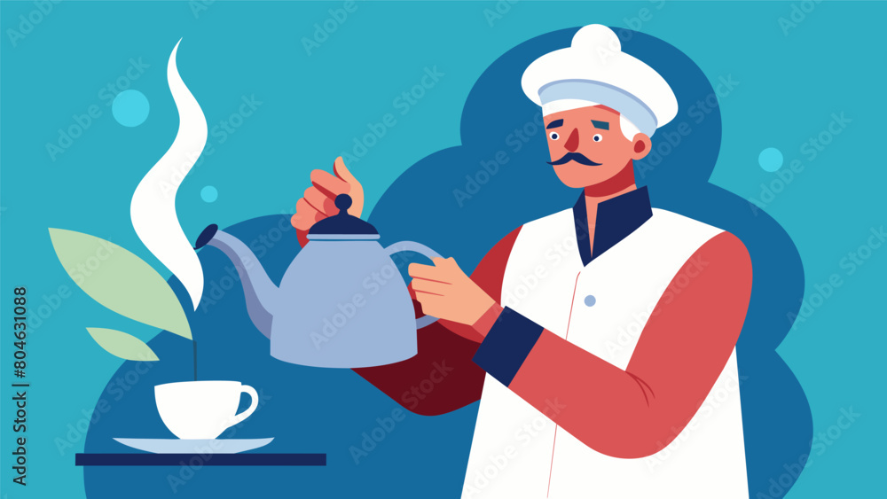 With a silver teas in hand the tea master delicately stirs their cup ...