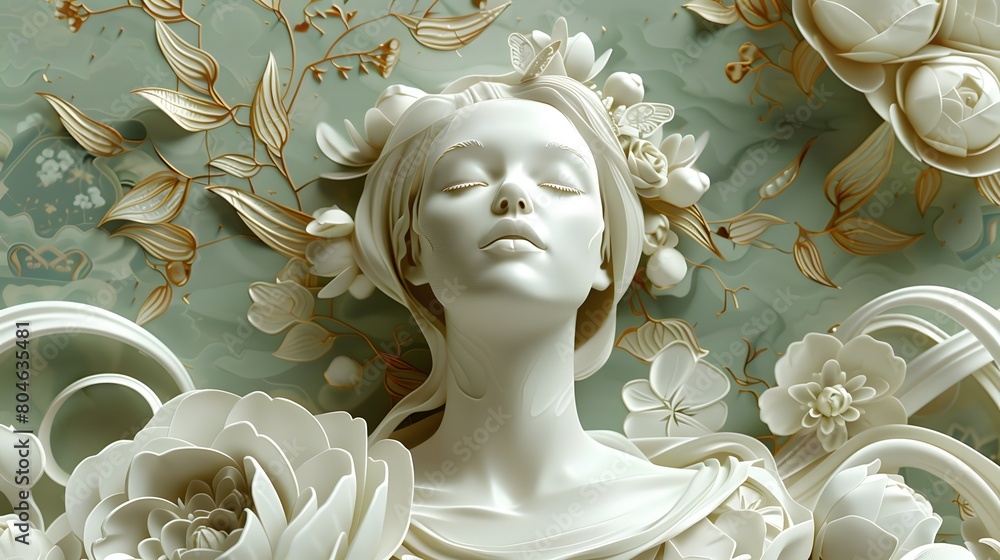 A woman's face is shown in a white sculpture with flowers around her ...