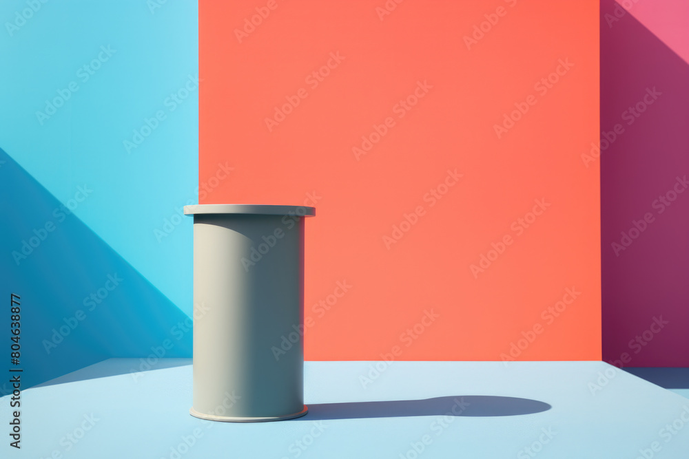 Empty cylinder platform in colorblock room with orange, blue and pink ...