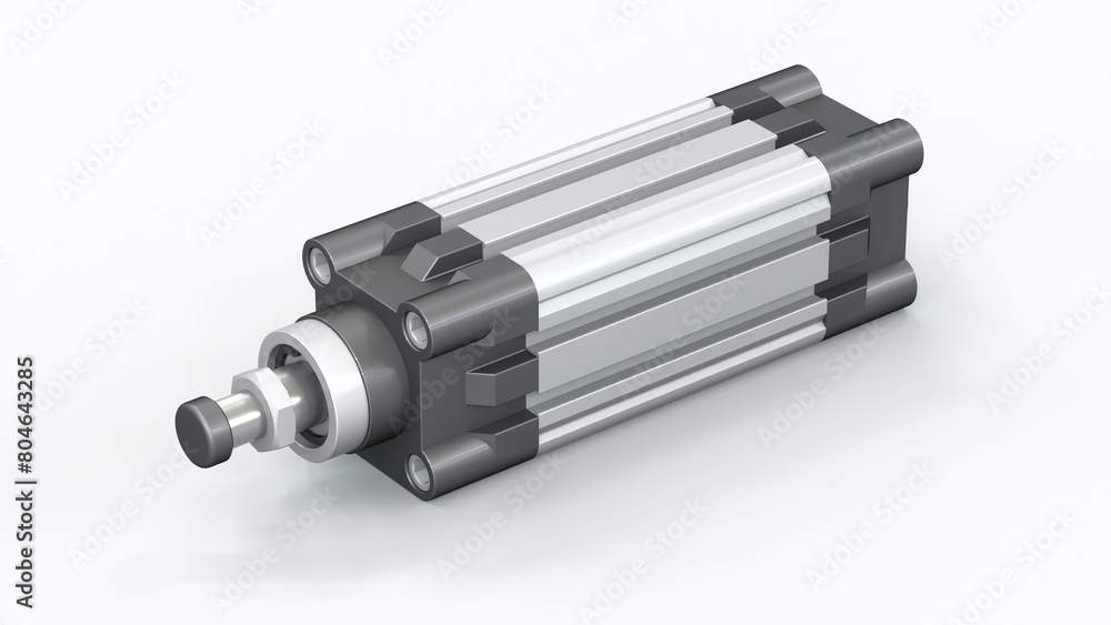 Pneumatic cylinder. Compressed air driven linear actuator on white ...