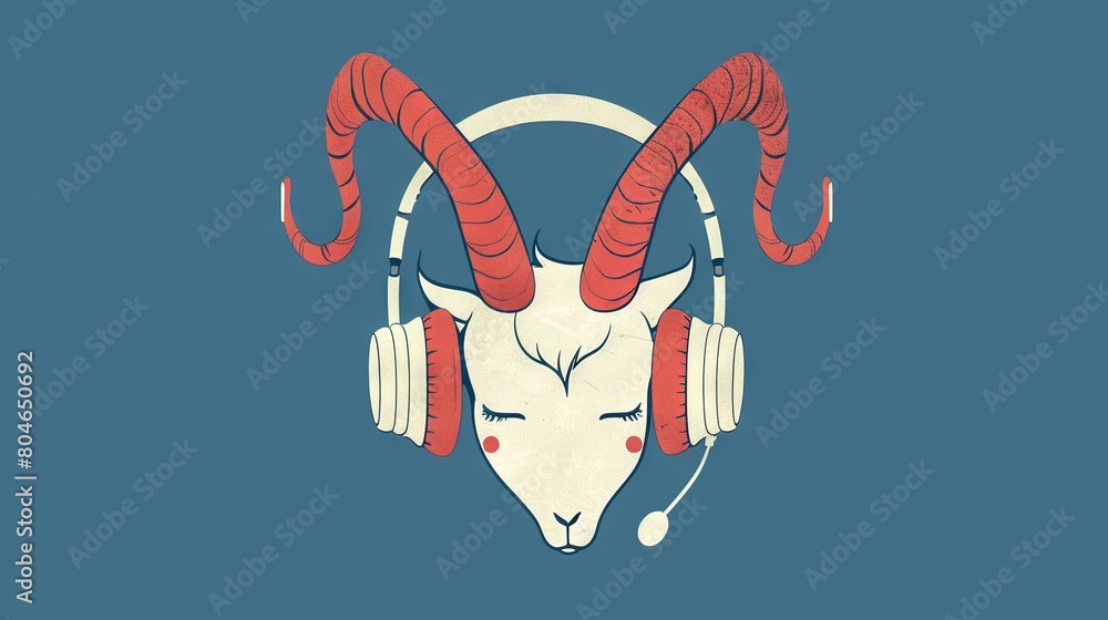 A goat's head with long horns wearing red and white ear muffs on its ...