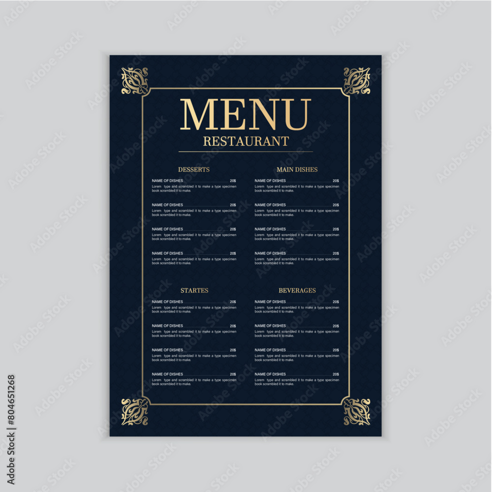 luxury Food Menu Design template Layout for restaurant, Editable Food ...