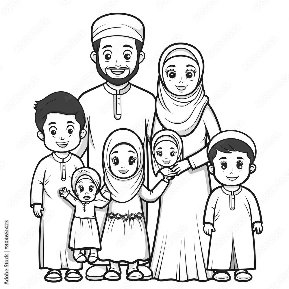 Hand drawn of Happy Muslim family. Father, mother, son and daughter ...