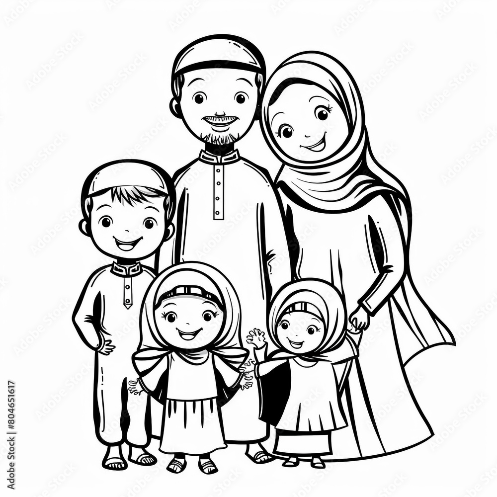 Hand drawn of Happy Muslim family. Father, mother, son and daughter ...