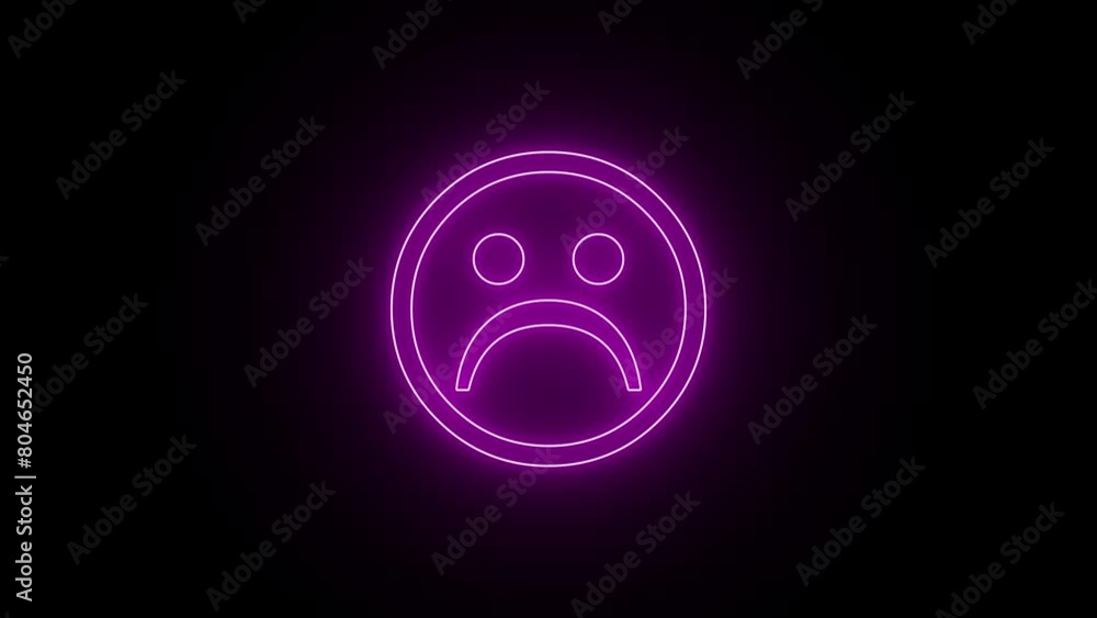 Glowing purple neon sadness symbol blinking animation. Sad emoji facial ...