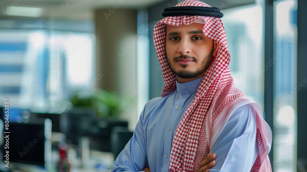 Saudi man wearing thobe and shemagh standing in office, smiling at ...