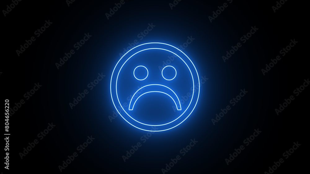 Glowing neon sadness symbol blinking. Sad emoji facial expression icon ...