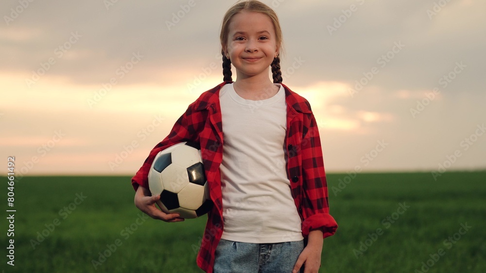 little girl schoolgirl with soccer ball, happy face child kid smile ...