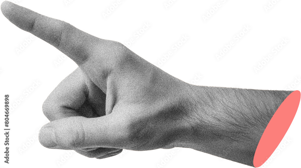 Black and white grained Caucasian man's hand pointing finger to side ...