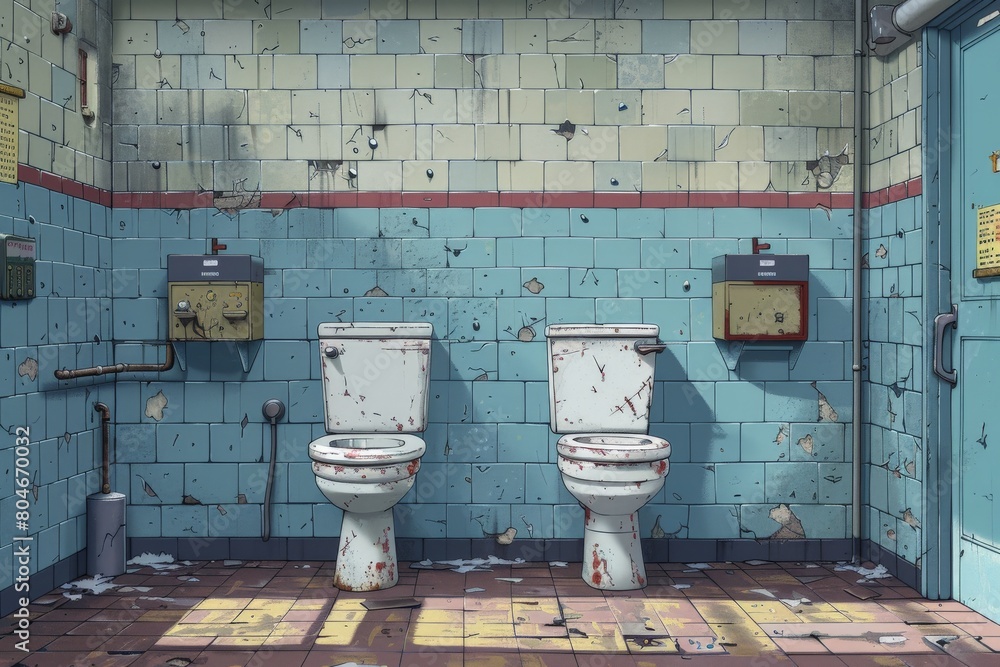 Dirty and vandalized public restrooms with graffiti-covered walls and ...