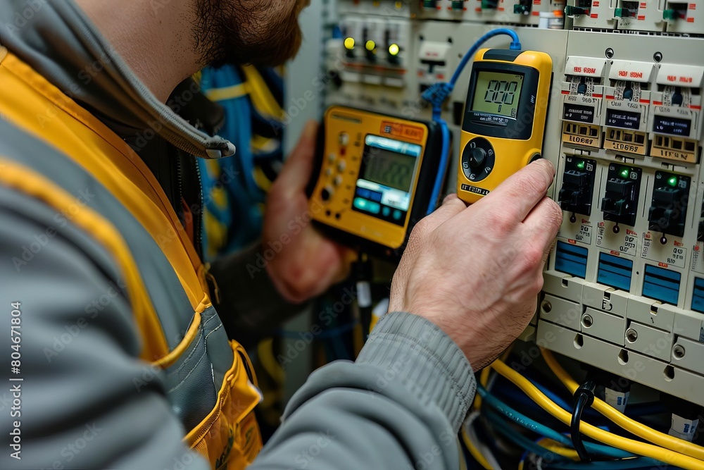Electrical engineer using digital multimeter measuring equipment to ...