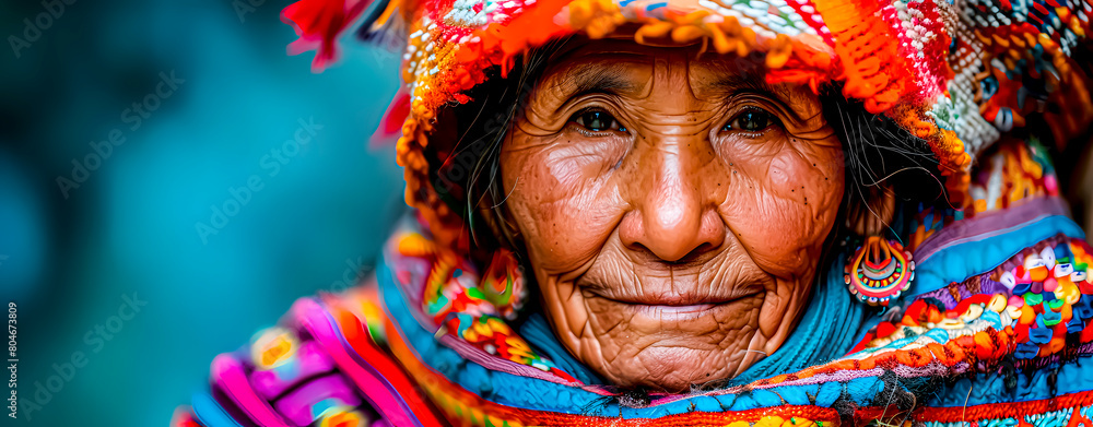 Quechua old woman wearing a colorful costume typical of the region ...