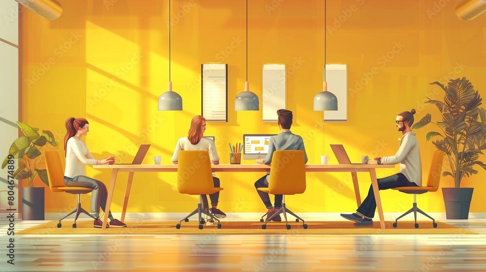 Collaborative Workspace Environment - Detailed 2D Illustration of ...