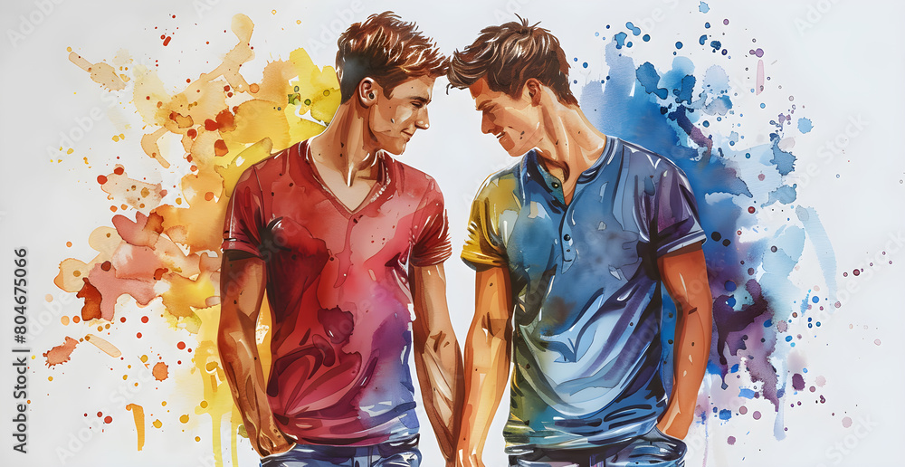 Two men are holding hands in a painting with a splash of colors Stock ...