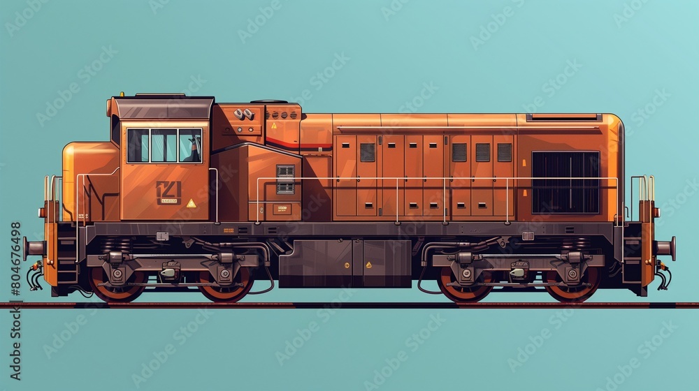 Flat solid color illustration with no gradient: copper brown locomotive ...