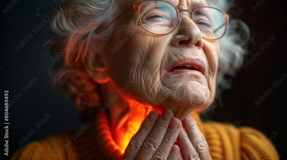 Old aged woman has got a sore throat. Old lady holds her neck with her ...