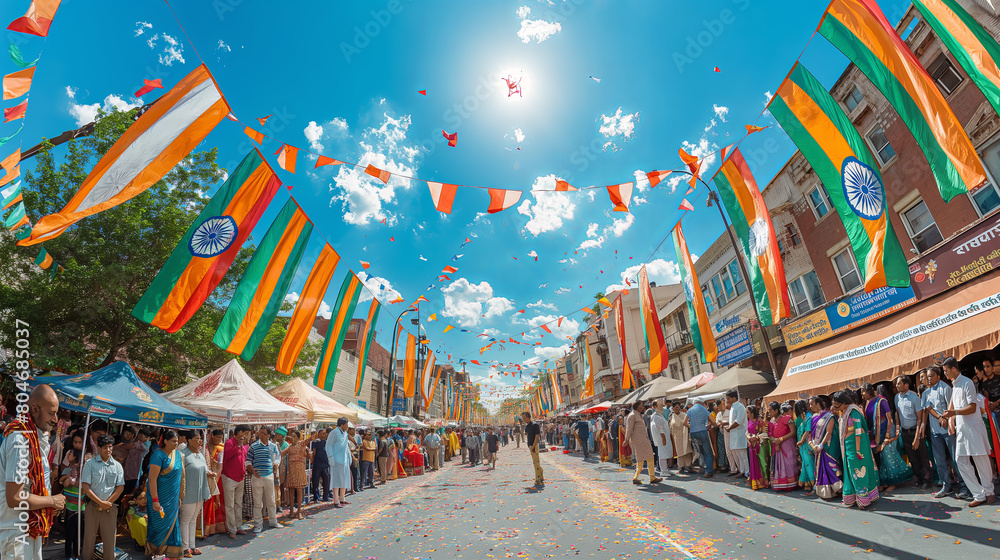 Colorful Indian Street Festival Under Blue Sky with Flags and Confetti ...