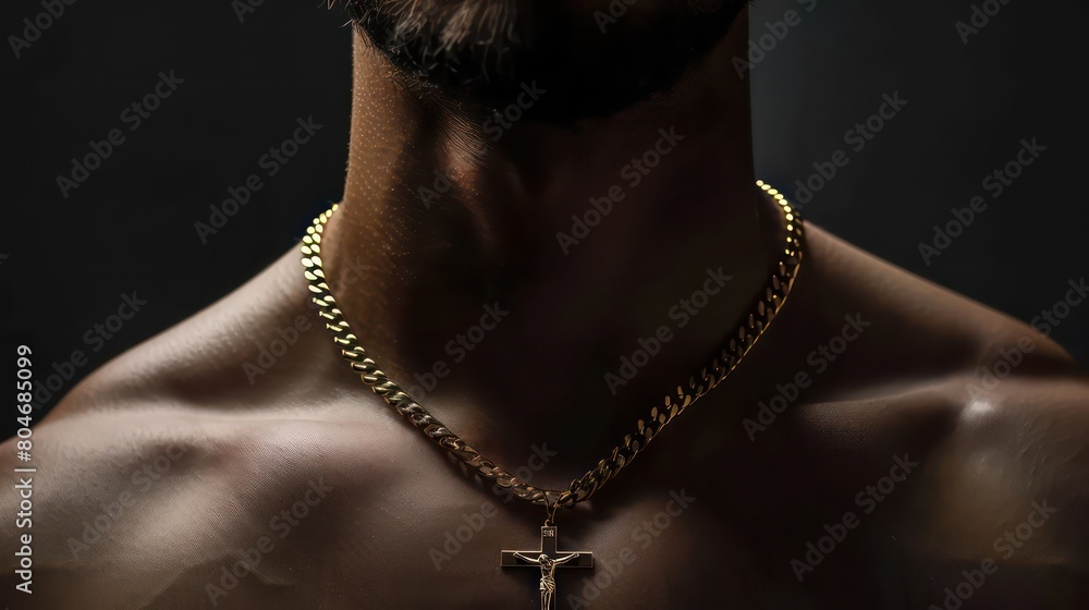 Christian cross on man neck. Golden christ cross on a chain around the ...