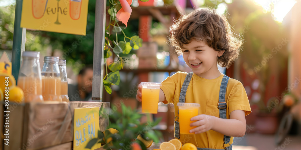 Cheerful children running a lemonade stand, interacting with customers ...
