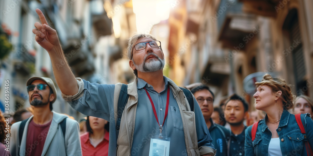 Tour guide leading a group of visitors to tourist attractions, giving ...