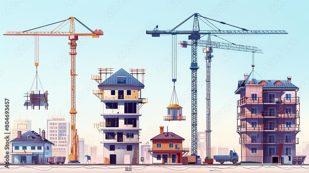 Four unfinished buildings silhouettes Industrial cranes Process of ...